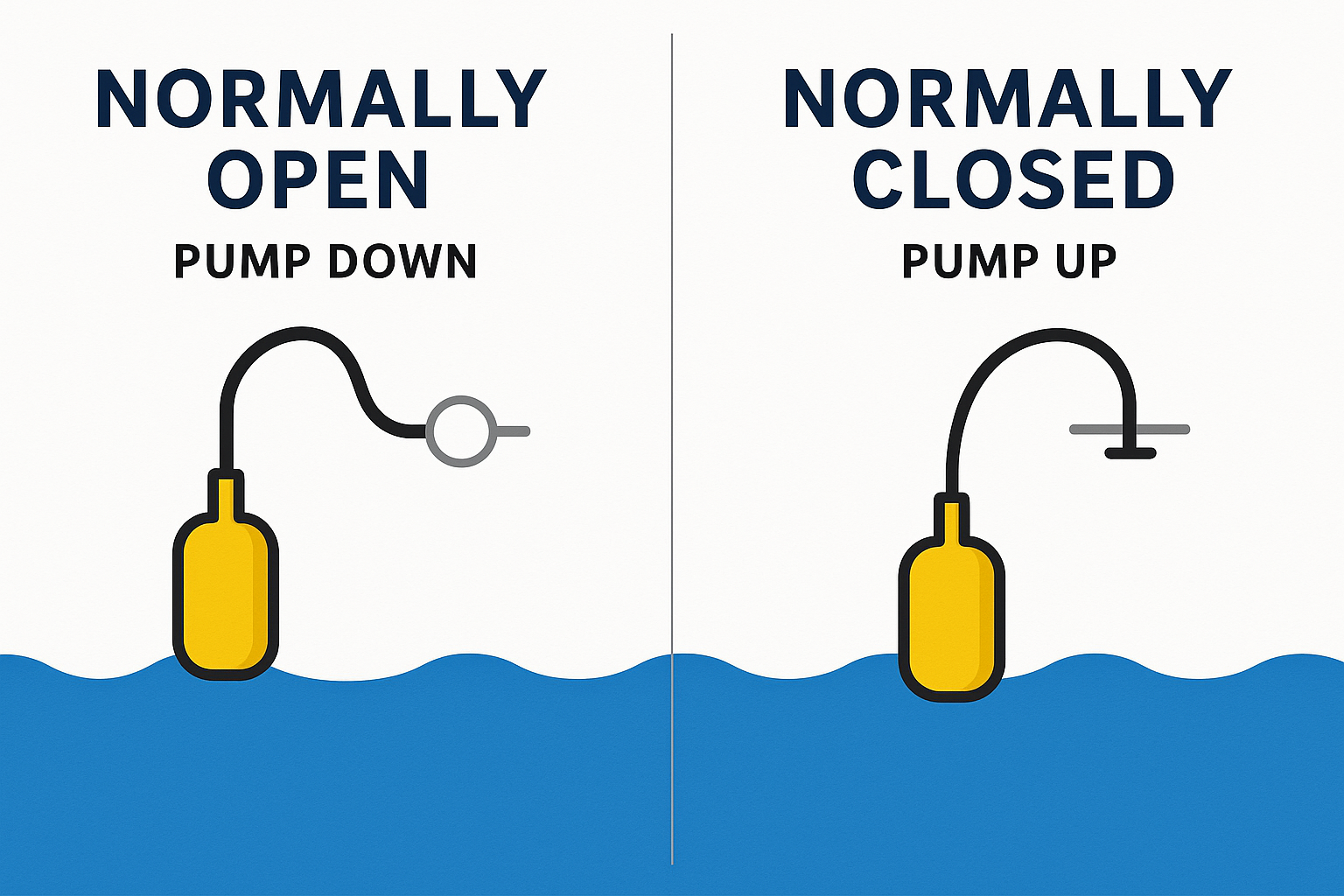 What does “normally open” vs “normally closed” mean for float switches